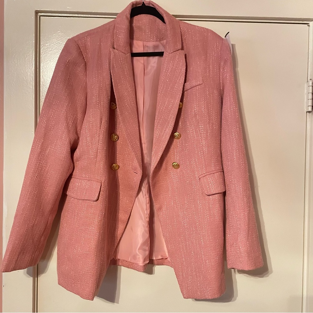 Light Pink Double Breasted Blazer With Golden Buttons. - Gem